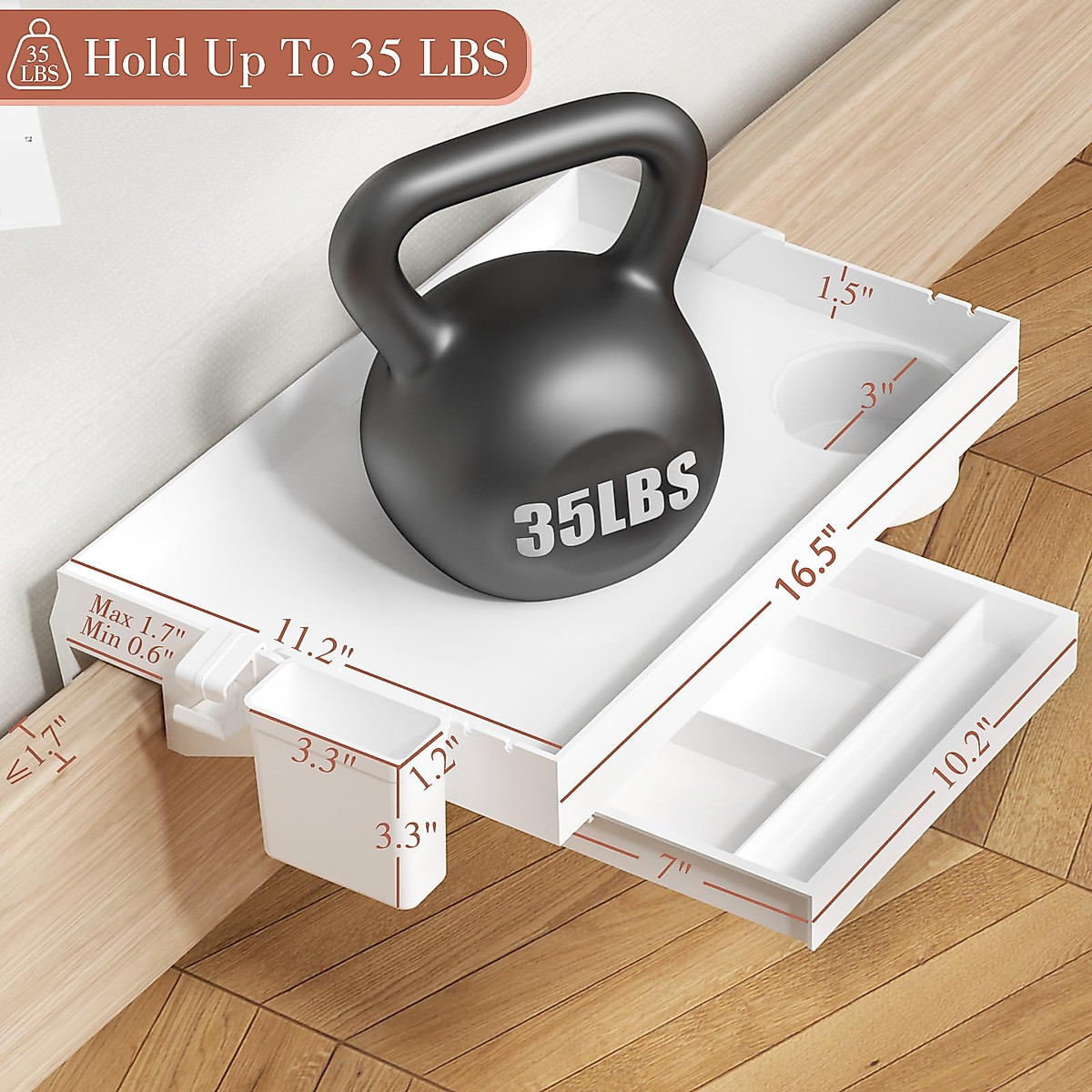 SPACEKEEPER Bedside Shelf for Bed, Foldable Bunk Bed Shelf Clip On Nightstand for Top Bunk College Dorm Room Essentials Floating Table Tray Bed Side Shelf Organizer with Drawer, Plus Size, White