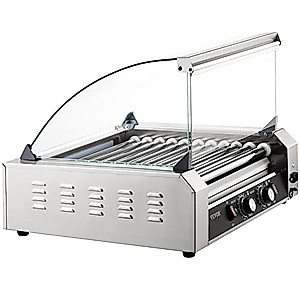 VEVOR Hot Dog Roller, 30 Hot Dog Capacity 11 Rollers, 1800W Stainless Steel Cook Warmer Machine w/Cover & Dual Temp Control, LED Light & Detachable Drip Tray, Sausage Grill Cooker for Kitchen Canteen