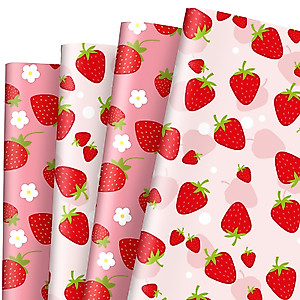AnyDesign 8 Sheet Pink Strawberry Wrapping Paper -Not Roll- Spring Fruit Gift Wrap Paper Bulk Art Paper Folded Flat for DIY Crafts Birthday Baby Shower Party Favors Supplies, 19.7 x 27.6 Inch