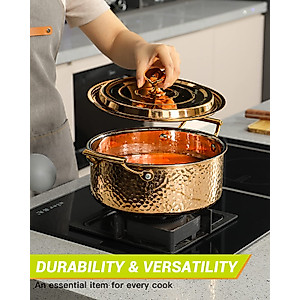 DAEDALUS 7.5QT Stainless Steel Stock Pot with Lid, 3 Triply Clad Hammered Copper Pot, Nonstick Large Stockpot for Home Kitchen Restaurant, Dishwasher Oven Safe -Gold