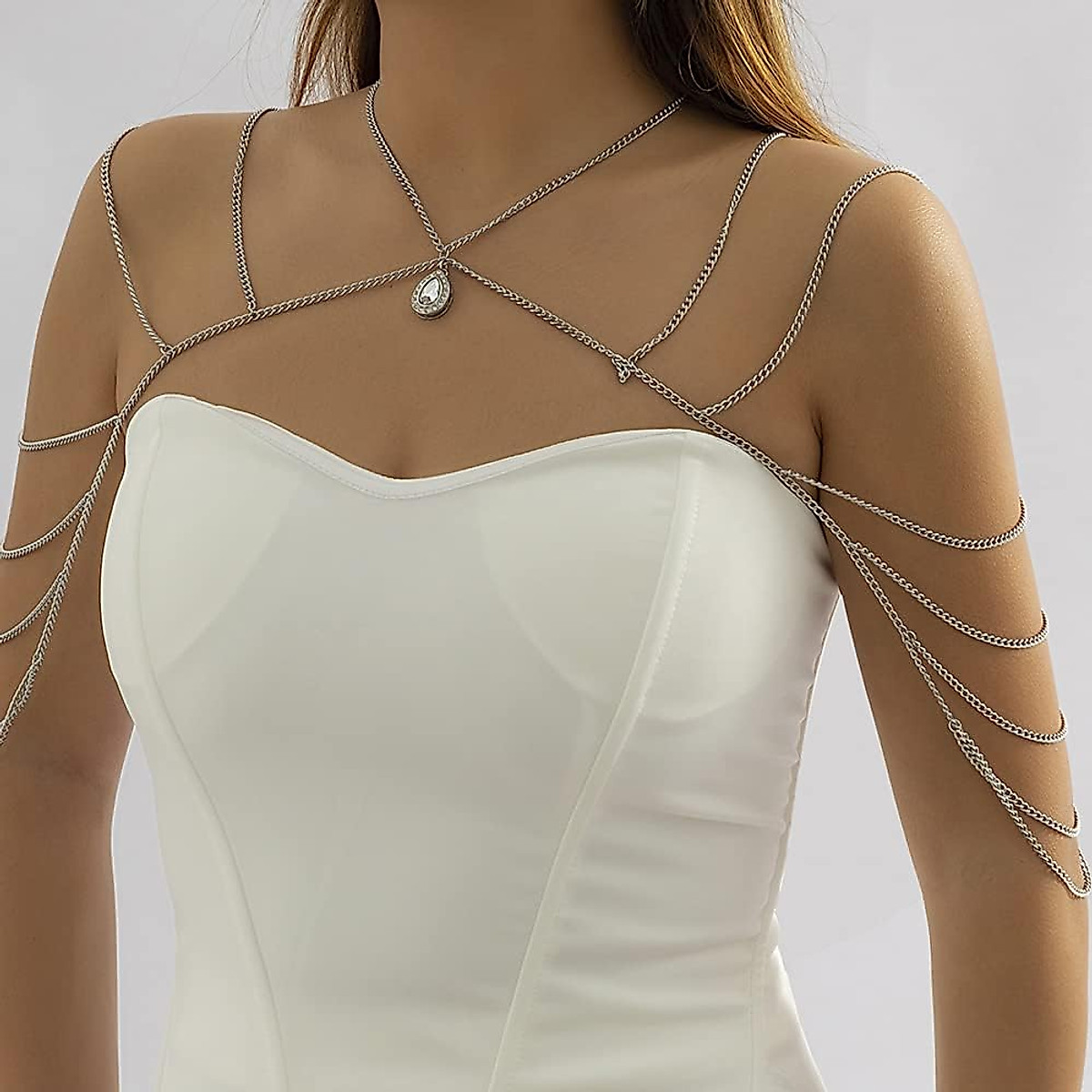 Missgrace Bride Women Rhinestones Shiny Statement Body Chain Jewelry Shawl Silver Dainty Body Jewelry Layered Shoulder Chain Wedding Party Nightclub Body Accessories Jewelry for Women Bride