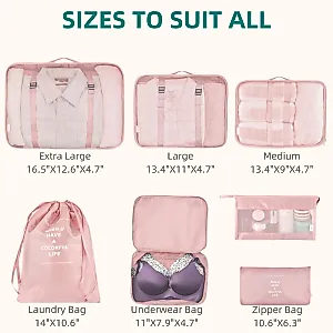 Packing Cubes VAGREEZ 7 Pcs Travel Luggage Packing Organizers Set with Toiletry Bag (Pink)