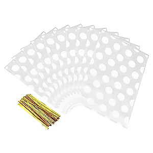 uxcell 100 Pcs Clear Cello Bags, Round Spot Flat Plastic Cello Treat Bags with Gold Twist Ties Gift Bags Cookie Bags for Christmas Snacks Candy Cookie Gifts, White