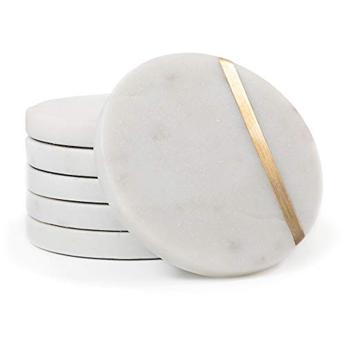 Cork & Mill Marble Coasters for Drinks - Set of 6 Handcrafted Modern Coasters - 4" Wide Drink Coasters - White Marble Coasters with Gold Brass Inlay - Made from Real Solid Marble