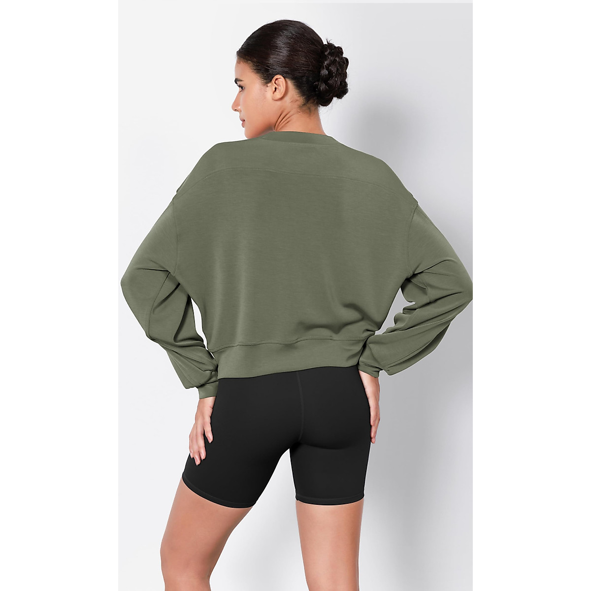 ODODOS Modal Soft Long Sleeve Cropped Sweatshirts for Women Oversized Crew Neck Pullover Crop Top, Dark Sage, Large