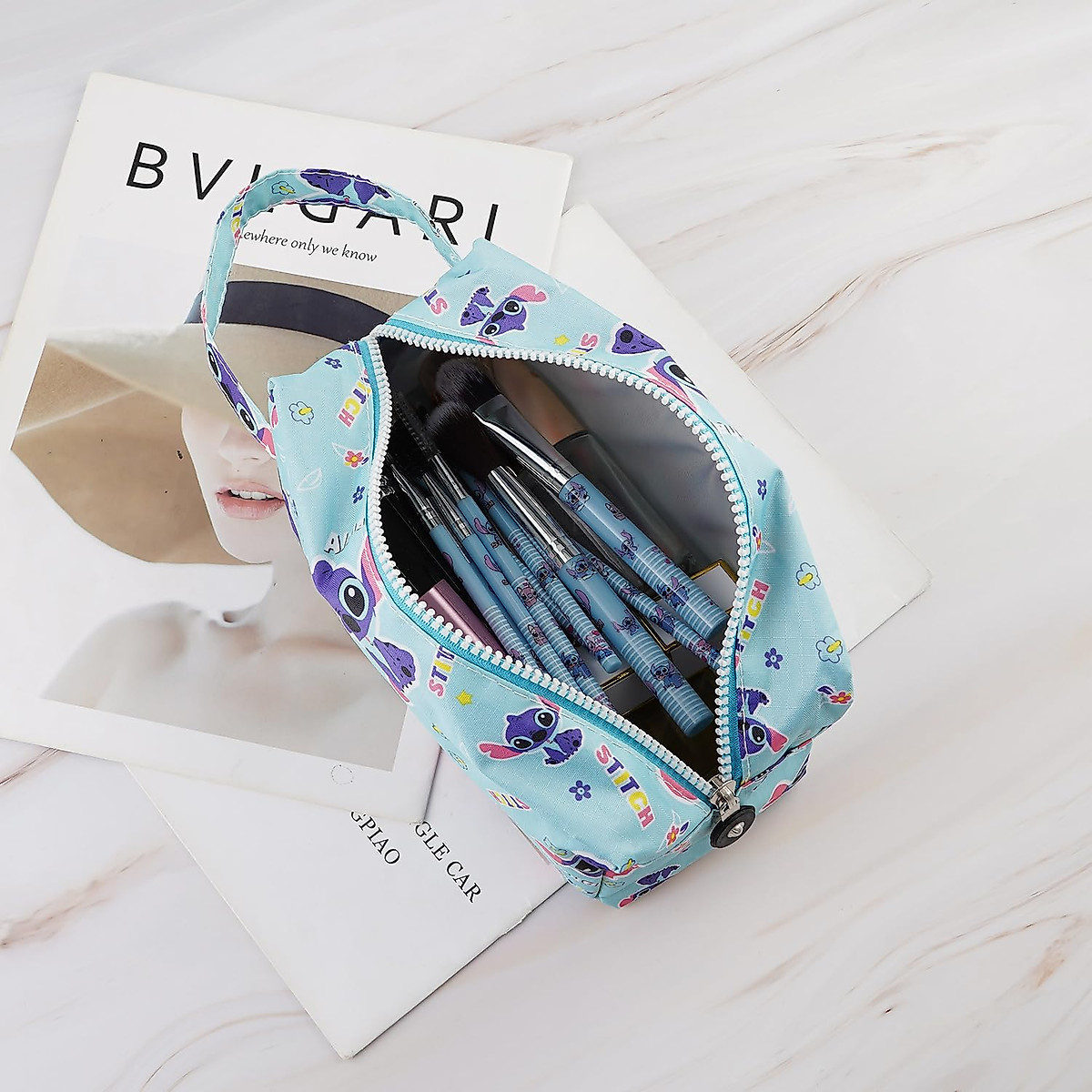 U-CHYTY Stitch Makeup Bag with Makeup Brush Stitch Plush Cosmetics Case Stitch 12 Pcs Cosmetic Brush Capacity Bag for Women Girl-bag (S-12PCS brushes+caseA)