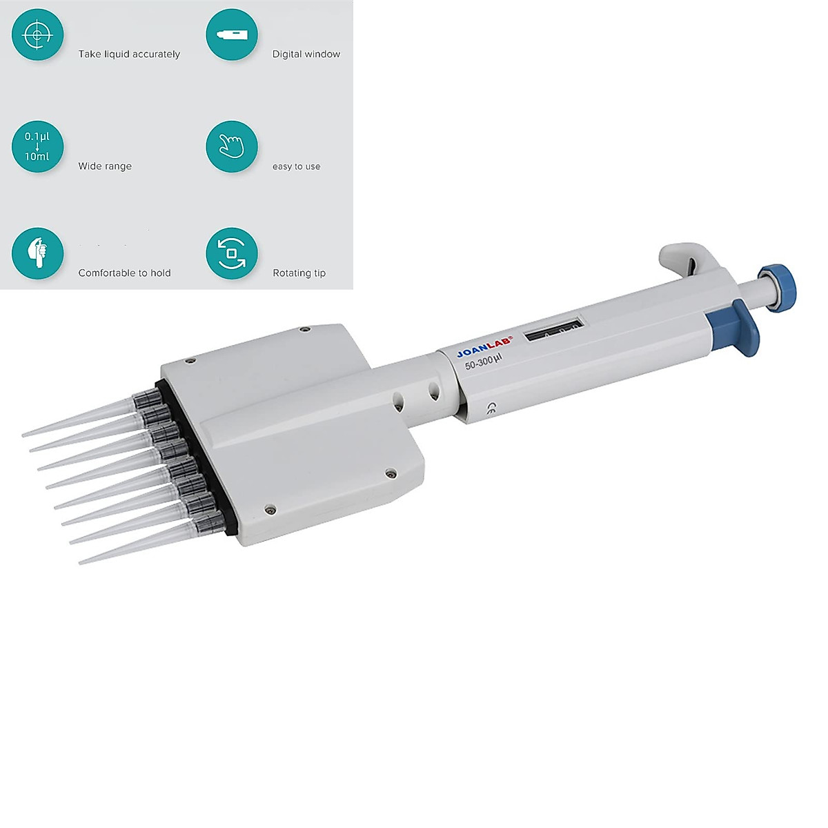 Lab Micropipette Adjustable Volume Pipettor 8-Channel Multichannel Pipett Micro Pipettes Variable Volume Pipettes for Scientific Lab and School 50-300渭l