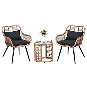 JOIVI 3 Piece Outdoor Wicker Furniture Bistro Set, Patio Rattan Conversation Set with Round Glass Top Coffee Side Table, Cushions and Lumbar Pillows for Porch, Backyard, Deck