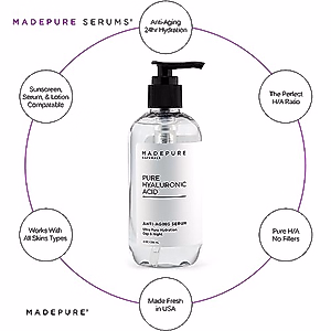 Madepure Pure Hyaluronic Acid Serum for Face | Anti-Aging Plumping Face Serum | Pairs Well with Vitamin C & Retinol Serum | Fragrance Free (1oz Dropper)