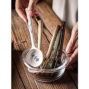 YUURAIN VUVU Japanese Large Spoon, Handmade Long Handle Asian Spoons, Retro Ceramic Spoons, Ramen Spoons, Pho Spoons, Large Soup Spoons with Cute Hand-Painted Pattern, Hand-Kneaded (2 Pieces) - D