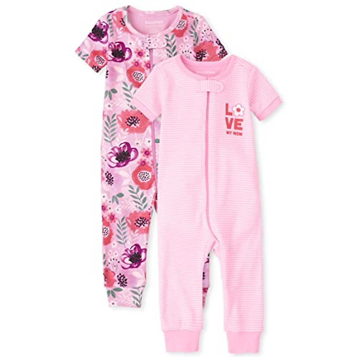 The Children's Place Baby Girls' and Toddler Short Sleeve Zip-Front One Footless Pajama Snug Fit 100% Cotton 2 Piece Set, Tiara Pink, 4T