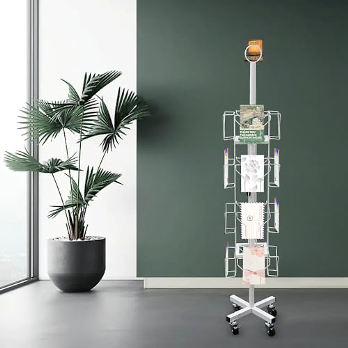 PSUFURV 16-Position 4-Tier Rotating Greeting Card Rack Greeting Card Display with 4 Universal Wheels Tiered Greeting Card Display Stand for Classrooms, Offices, Libraries, Shopping Malls (White)