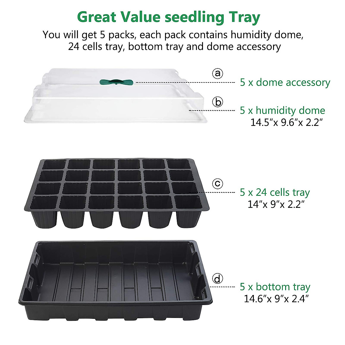 JIAQUAN 5-Pack 120 Cells Seed Trays Seedling Starter Tray, Humidity Adjustable Plant Starter Kit with Dome and Base Greenhouse Grow Trays Mini Propagator for Seeds Growing Starting
