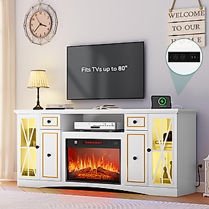 YITAHOME 70" Fireplace TV Stand for up to 80 Inch TVs, Entertainment Center with 23 Inch Electric Fireplace, LED TV Stand with Storage for Living Room (White)