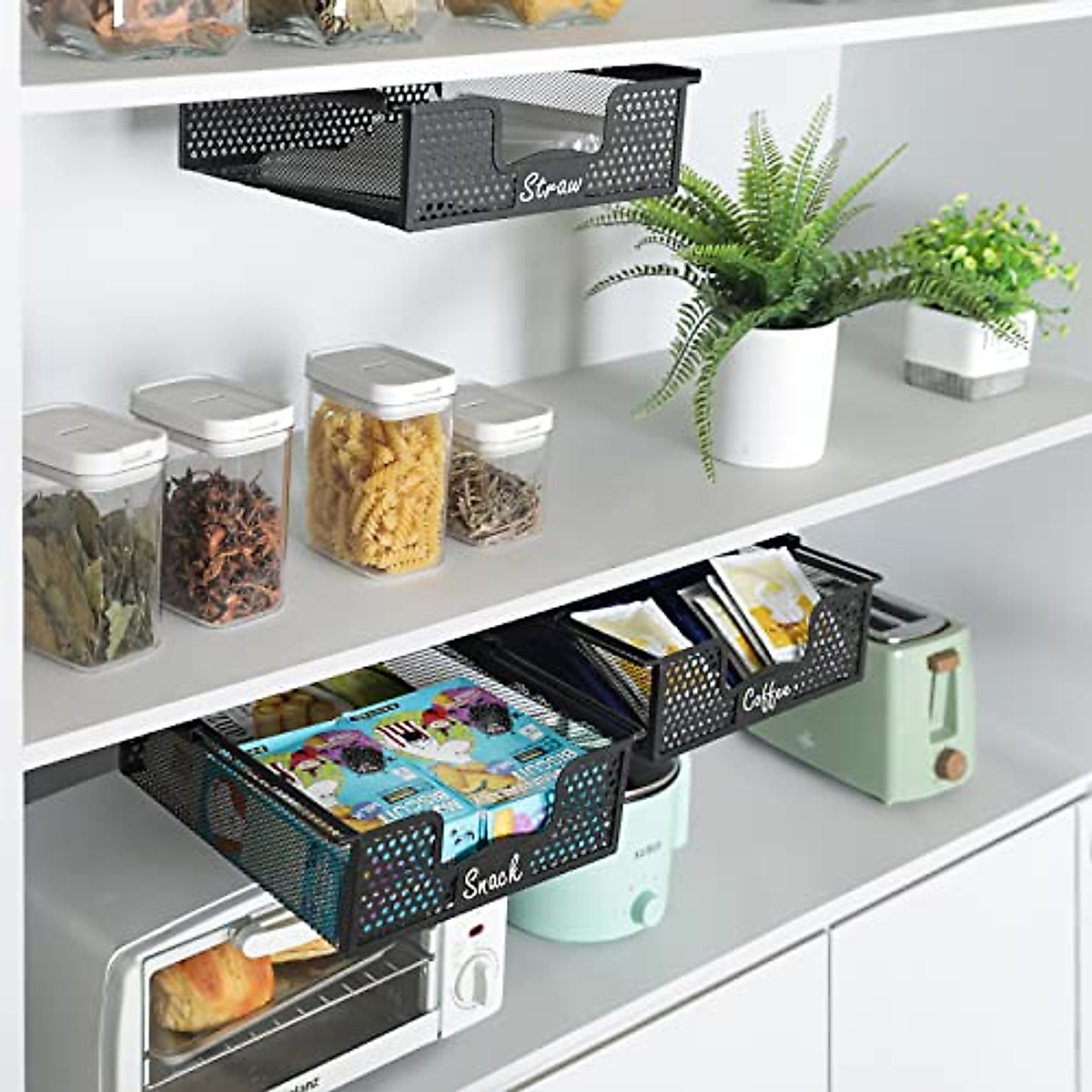 3 Pack Hanging Pullout Drawer Basket, Sliding Under Shelf Storage Organizer with nameplates, Under Shelf Baskets Under Cabinet Organizer Under Desk Drawer for Kitchen Pantry Cabinet, Attaches to Shelf