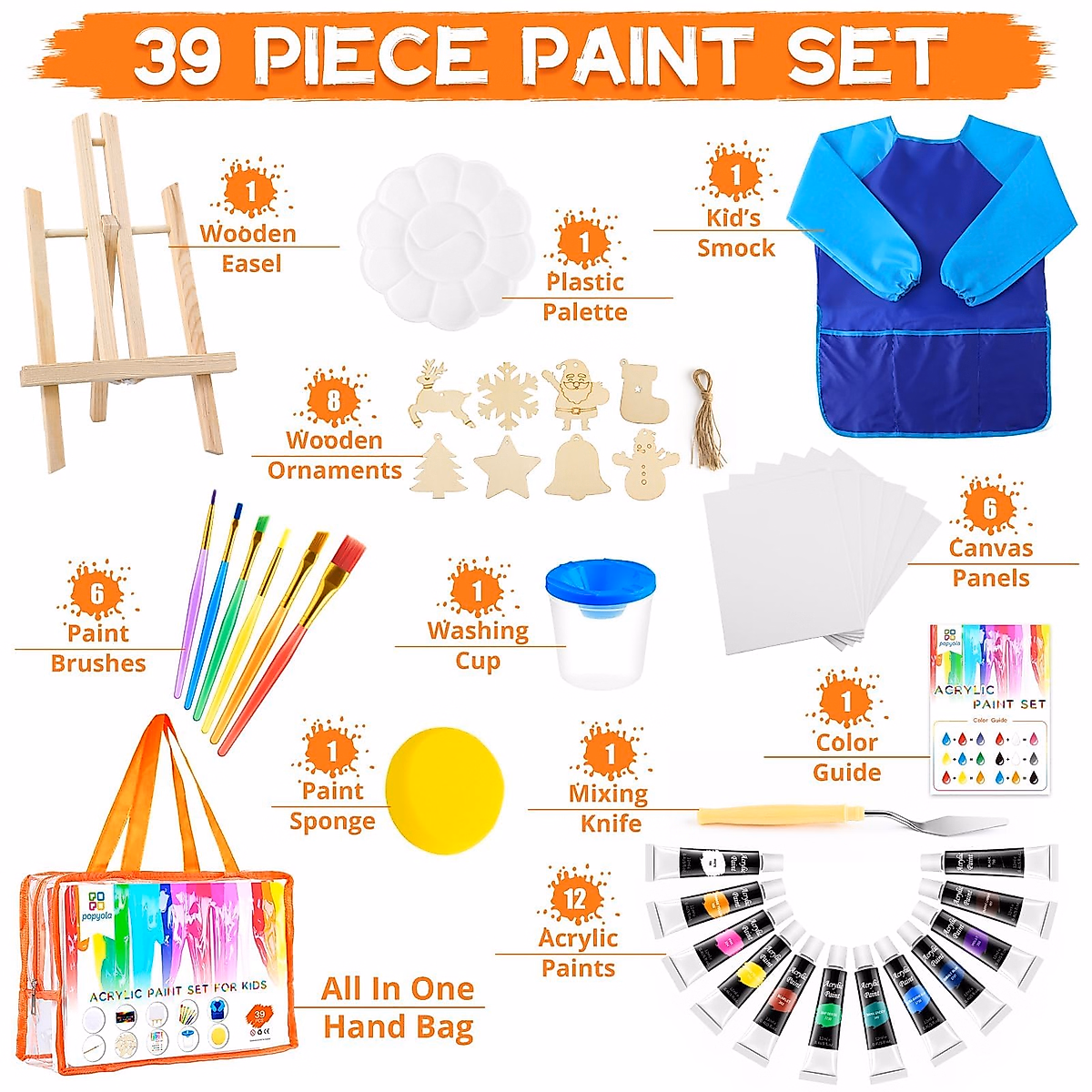 POPYOLA Acrylic Paint Set for Kids, Non Toxic Kids Painting Set with Tabletop Easel, Acrylic Paints, Smock, Canvases, Wooden Stencils, Brushes, Painting Kit Gift for Beginner Student Toddlers
