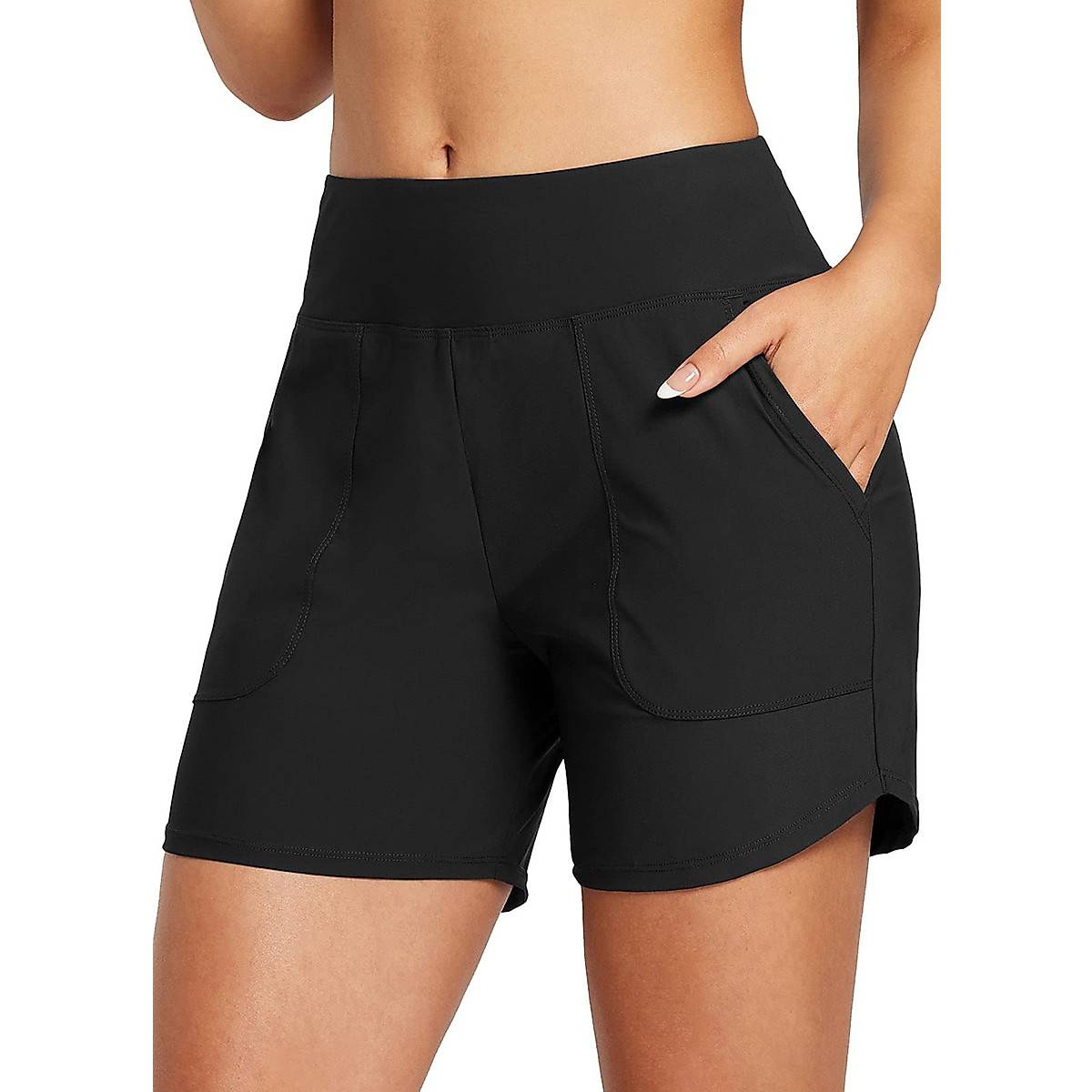 BALEAF Women's Swim Shorts Tummy Control Modest Swimsuits Bathing Suit Bottoms 5" Board Shorts Beach Trunks with Pockets Black XL