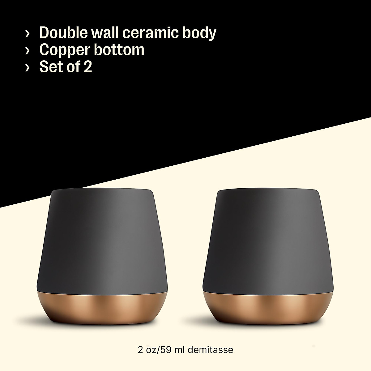 Fellow Junior Demitasse Double Wall Ceramic Coffee Mug - Refined and Sophisticated Espresso Cups, Matte Black, 2.3 oz Shot Cup (Set of 2)