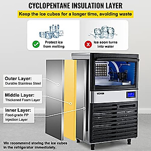 VEVOR 110V Commercial ice Maker Machine 155LBS/24H with 39LBS Bin and Electric Water Drain Pump, Stainless Steel Ice Machine, Auto Operation, Include Water Filter 2 Scoops and Connection Hose