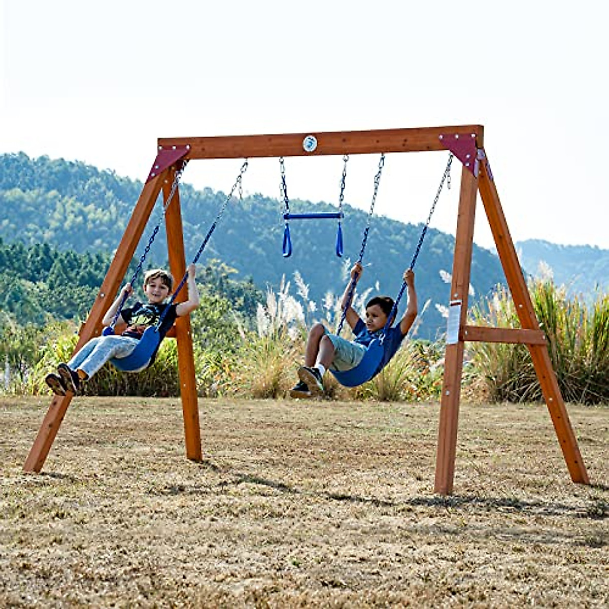 Dolphin Playground DIY Swing Sets for Backyard, Wooden Swing Set Outdoor for Kids with Trapeze Swing Bar and 2 Belt Swings, Heavy Duty Playground Accessories, Suitable for Any Swing Replacements