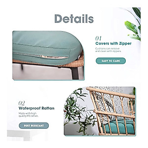 SWISH WEAVERS 3 Piece Patio Bistro Set Outdoor Furniture All-Weather Wicker Conversation Set with Tempered Coffee Table and Wicker Chairs for Garden Balcony Backyard Yard Poolside (Green)