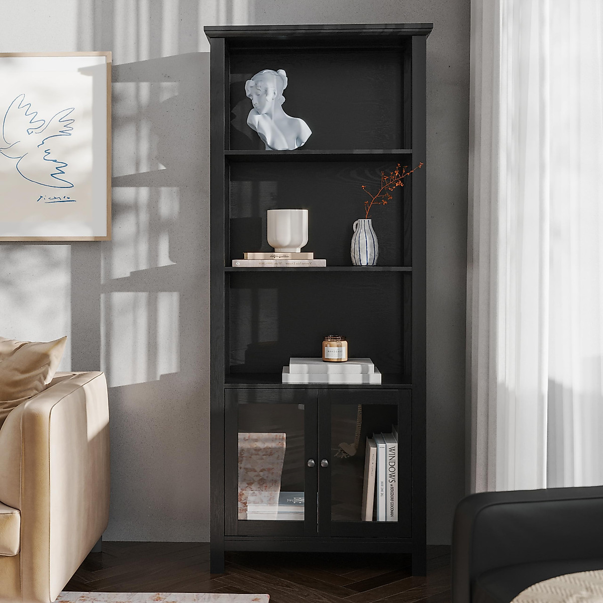 EMMA + OLIVER Dassie Bookcase Storage Cabinet, 2 Glass Doors & 3 Storage Shelves, Wood Bookshelf Cabinet for Living Room, Bedroom, Home Office, 67.75" H, Black