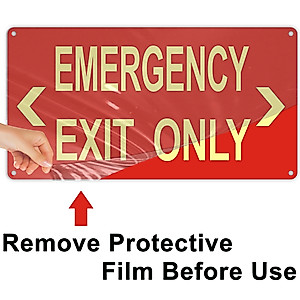 (2Pack) Photoluminescent Emergency Exit Sign Red, Glow In The Dark Aluminum Exit Sign - Adhesive Backing - 4pcs Removable Arrows Included - 14.25 x 7.5 Inches - Non Electrical Exit Sign