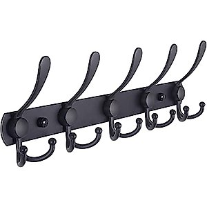 Wall Mounted Coat Rack - 5 Tri Hooks, Heavy Duty, Stainless Steel, Metal Coat Hook Rail for Coat Hat Towel Purse Robes Mudroom Bathroom Entryway （Black）