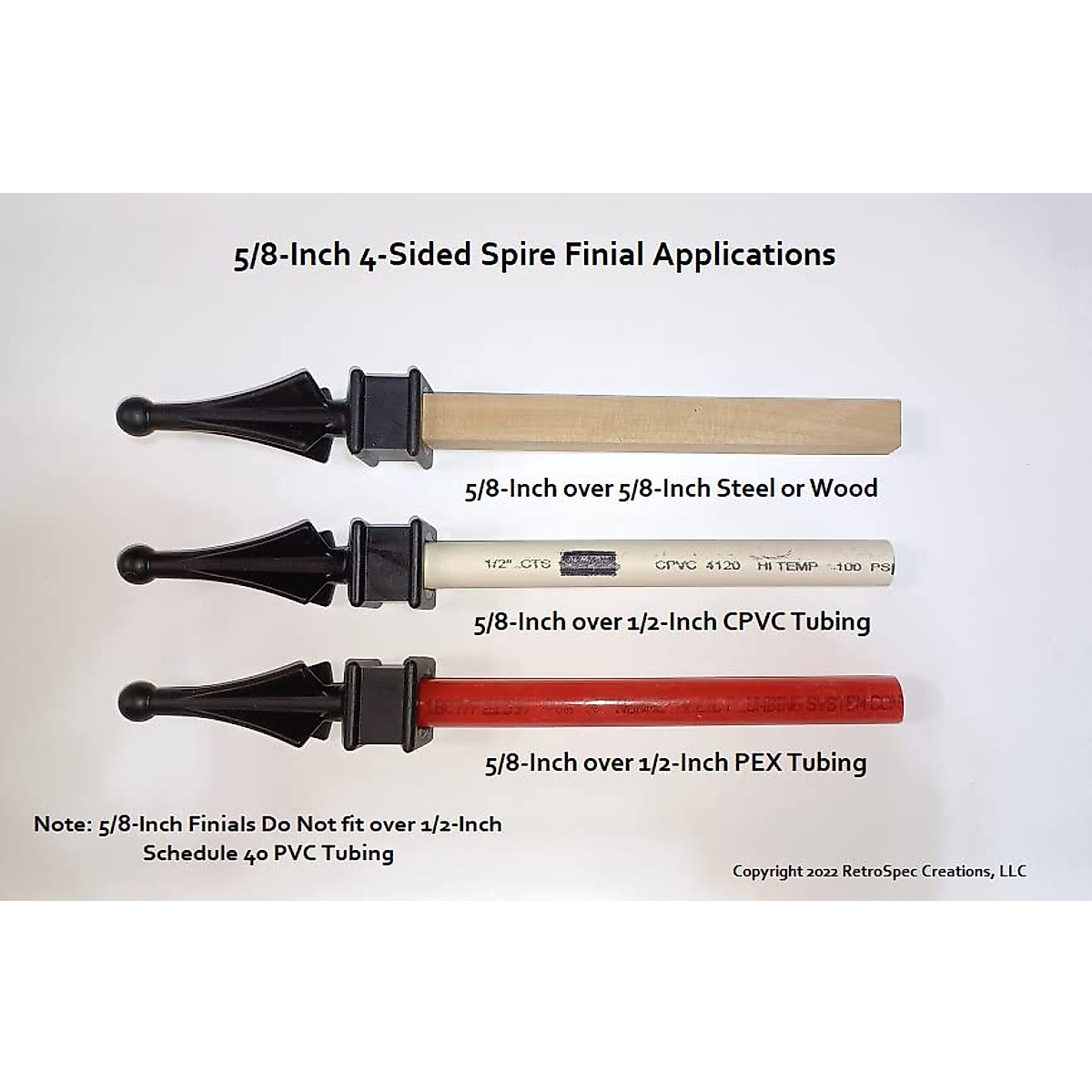 Retrospec Creations 100 Each for 5/8” BlackPlastic Finial Tops for Iron Picket Fence 4-Sided Spire – #1-58