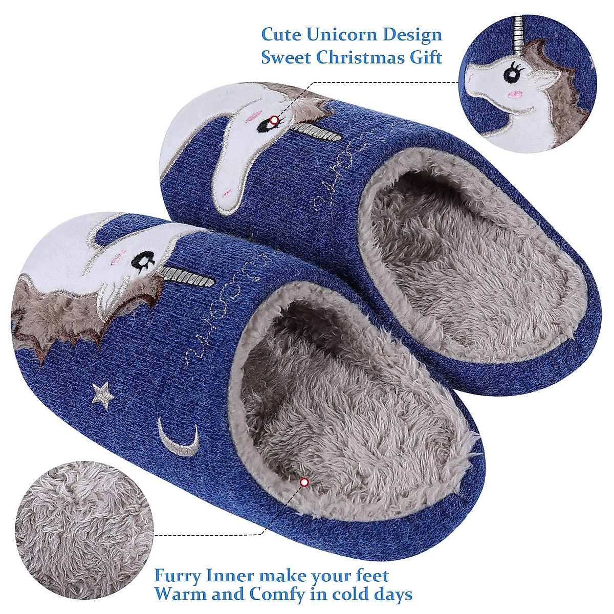 shevalues Fur Lined Animal Slippers for Kids Cute Girls Boys Unicorn Hedgehog House Shoes Fuzzy Embroidered Indoor Slippers Women, Navy Hedgehog, Size 1-1.5 Little_kid