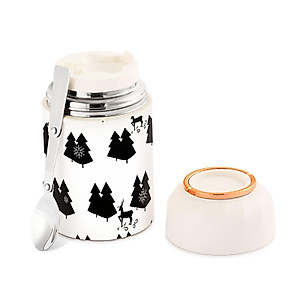 JUNZAN Black Christmas Tree Deer Kids Womens Insulated Food Jar Containers with Spoon 17oz/500ml Containers To Keep Food Hot Stainless Steel Vacuum Food Warmer Thermo Container for Hot/Cold Food
