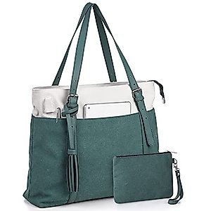 RJEU Women Tote Bag for School,Cute Bookbag Teacher Bag for College,Laptop Tote Bag Purse with Compartments Zipper for Work Travel Nurse Church,Canvas,Green