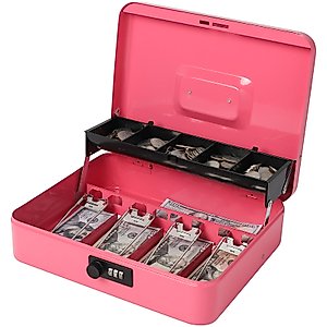 Jssmst Cash Box with Money Tray and Lock - Pink Cash Box with Combination Lock Safe Large, Locking Cash Register Drawer Box for Money, 11.8'' x 9.5'' x 3.5'', SM-CB005PC