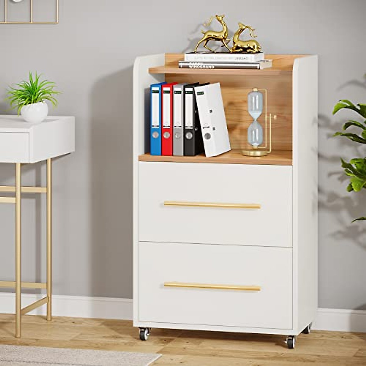 Tribesigns Lateral File Cabinet with 2 Drawers, Modern White Filing Cabinet Wood Rolling Filing Cabinets for Letter/Letter/A4 Size Files, Mobile Printer Stand with Open Shelves for Home Office (43"H)