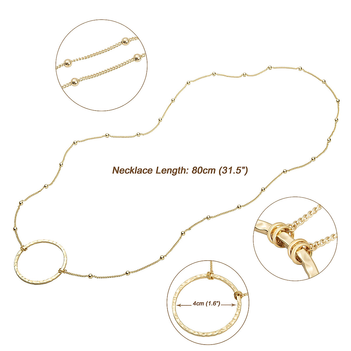 SOFYBJA Hammered Karma Open Circle Pendant Necklace Long Satellite Beaded Chain 18K Gold Plated Jewelry for Women