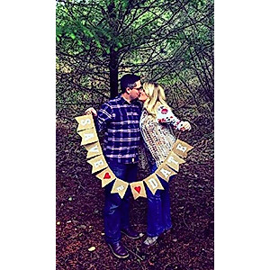 Save The Date Burlap Banner - Engagement Picture Prop Wedding Announcement - Ready to Hang Bridal Shower Decoration – White Letters & Red Hearts Garland by Jolly Jon