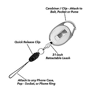 Phone Assured Phone Tether - 31" Safety Anti Theft Retractable Phone Clip - Anti-Drop Travel Clip - White Smartphone Clip for Pants or Purse - Universal Connection Fits Any Smartphone Case (1 Pack)