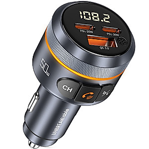 UNBREAKcable 50W Bluetooth 5.3 FM Transmitter for Car, [Easy to Set] [PD 30W & QC 20W] [HiFi Bass Sound] All Metal Car Charger Cigarette Lighter Radio Adapter Supports Siri Google Assistant