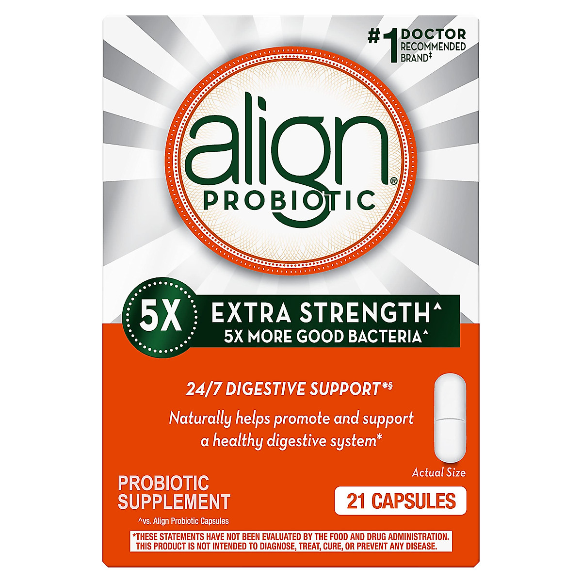 Align Probiotic Extra Strength, Probiotics for Women and Men, #1 Doctor Recommended Brand‡, 5X More Good Bacteria^ to Help Support a Healthy Digestive System*, 21 Capsules