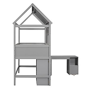Twin Size House Loft Bed with Storage Desk and 3 Drawer Chest, Wood Loft Bed with Safety Guard Rails, Multi-Functional Loft Bed for Kids Boys Girls Teens Bedroom, Maximize Space Savings (Gray 014)
