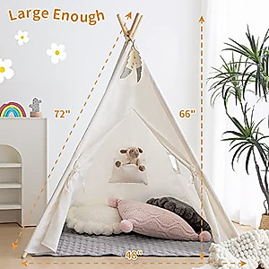 Teepee Tent for Kids with Mat, White Teepee Play Tent Foldable Tipi Tents for Girls, Boys Indoor Outdoor with Kids Teepee with Grey Mat, Fairy Lights