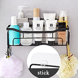 ATNKYOU Bathroom Shelf Adhesive Floating Shelf with Hooks Stainless Steel Shower Caddy 1 Tier Storage Organizer Rack Wall Mount No Drilling for Bathroom Kitchen Toilet Living Room