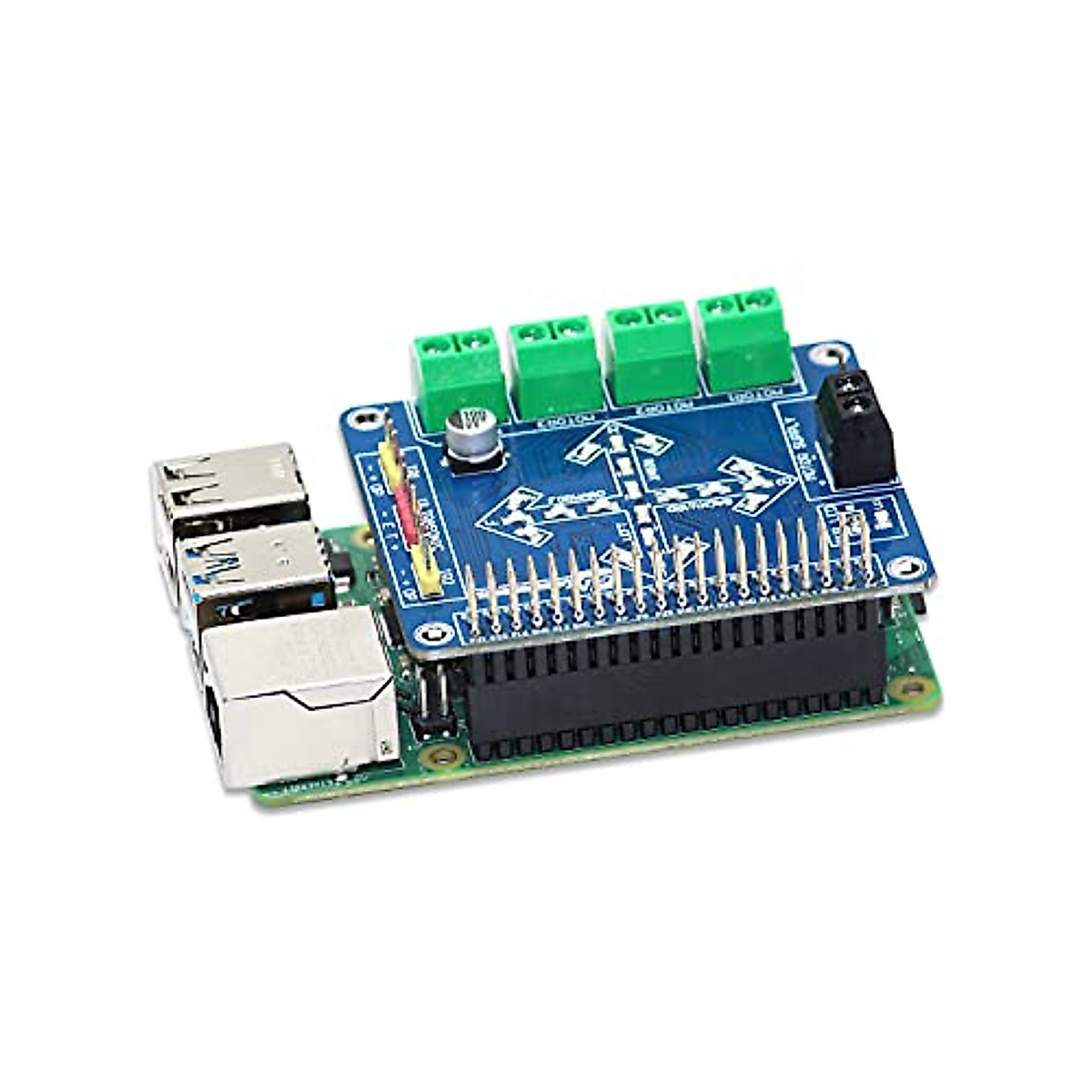 SB New Motorshield for Raspberry Pi 3,2,1 and Zero This Expansion Board can Control up to 4 Motors or 2 Stepper Motor, 2 IR sensors and a Single ultrasonic Sensor.