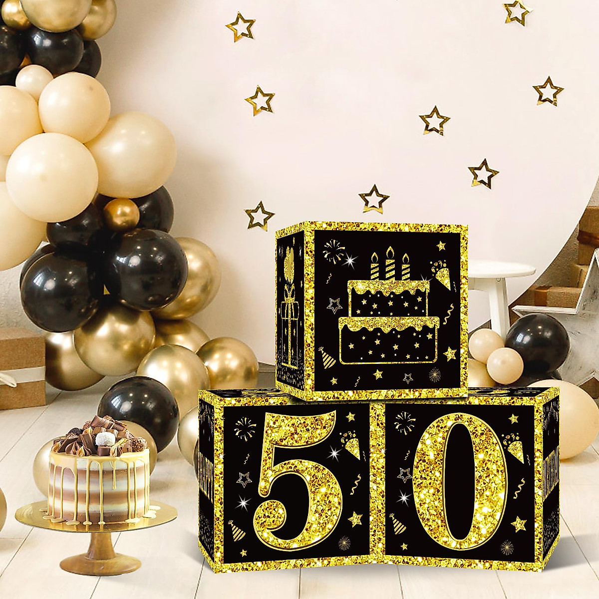 Eiurteao 3pcs 50th Birthday Decorations Boxes for Men Women, Black Gold Happy 50 Birthday Balloons Boxes Party Supplies, 50 Year Old Bday Theme Cardboard Box