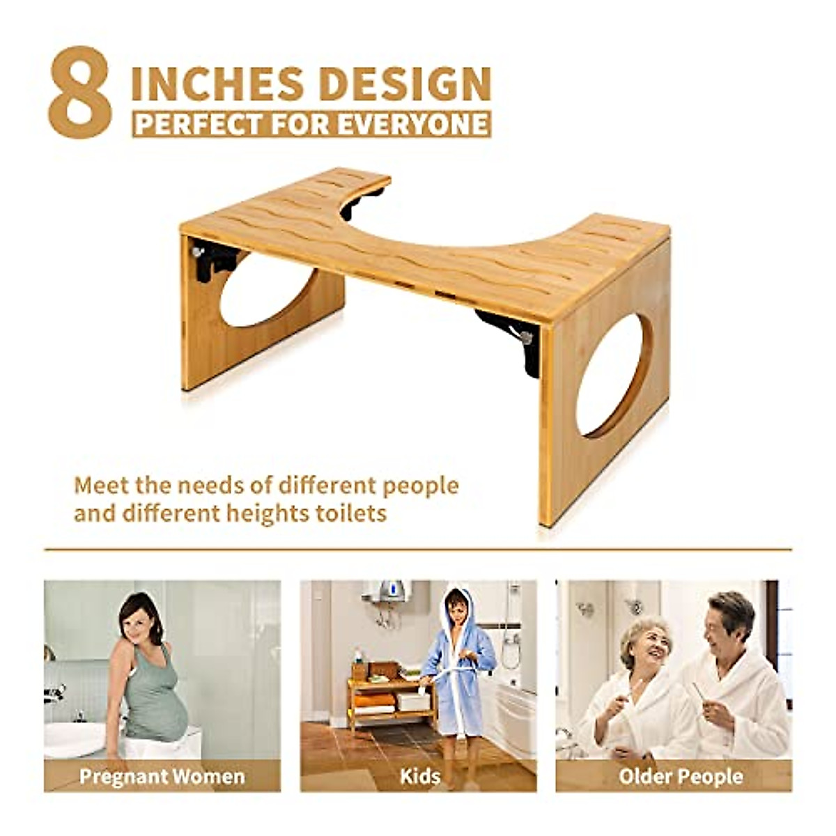 BQYPOWER Toilet Stool, Bamboo 8 Inch Toilet Potty Stool, Foldable Bathroom Poop Stool with Non-Slip Mat for Adults Children…