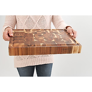 Hardwood Chef Premium Thick Acacia Wood End Grain Cutting Board Butcher Block with Groove, 16 x 12 x 1 3/4 in | For Chopping & Serving Cheese | (Gift Box Included) with BONUS e-Book
