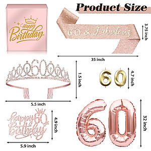 60th Birthday Gifts Decorations for Women - 60 Birthday Cake Topper, Balloons, Queen Sash, Crown and Candle Set, Rose Gold