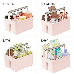 mDesign Plastic Shower Caddy Storage Organizer Utility Tote, Divided Basket Bin - Metal Handle for Bathroom, Dorm, Kitchen, Holds Soap, Shampoo, Conditioner - Aura Collection - Light Pink/Satin