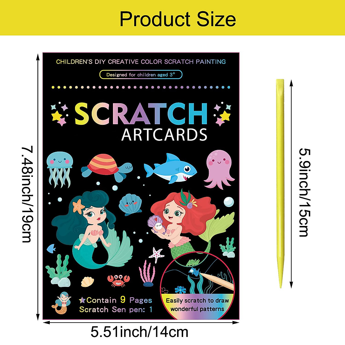 Mocossmy Mermaid Magic Scratch Art for Kids,9 Sheets Double Sided Mermaid Ocean Theme Rainbow Scratch Paper Scratch Art Crafts & Scratch Sticks for Kids Boys Girls Birthday Party Favor Supplies Games