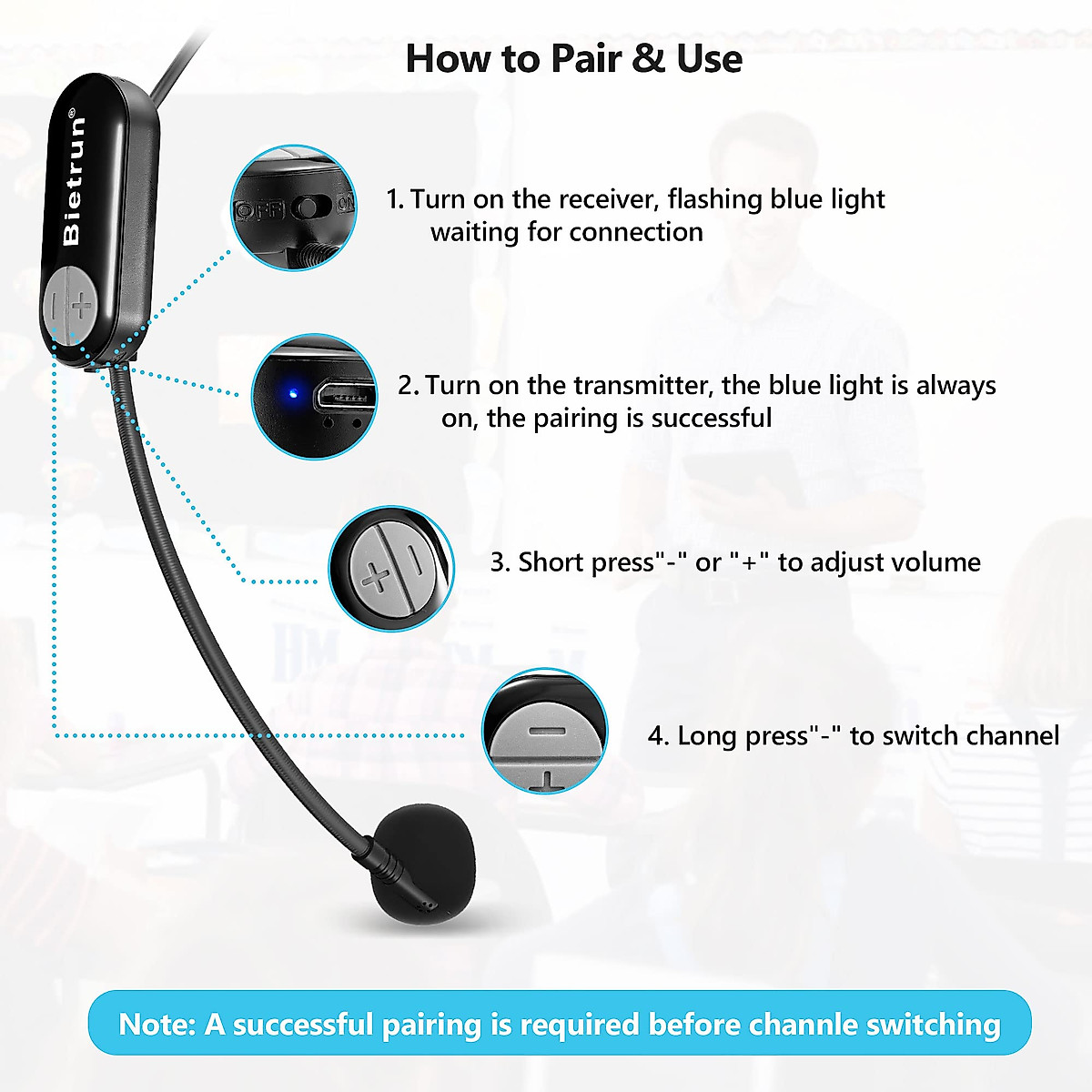 Bietrun Wireless Microphone Headset with 1/4''Plug, 165ft Range, UHF Wireless Headset Mic & Handheld Mic 2 in 1, for Karaoke Speaker, Amplifier, Mic Speakers, PA System, Teaching, Fitness (Black)